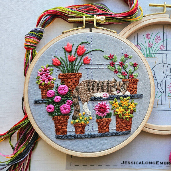 Catnap with Flowers Hand Embroidery Kit - Stitched Modern