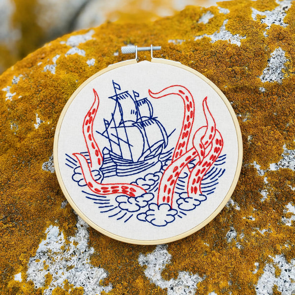 Kraken and Ship Hand Embroidery Kit - Stitched Modern