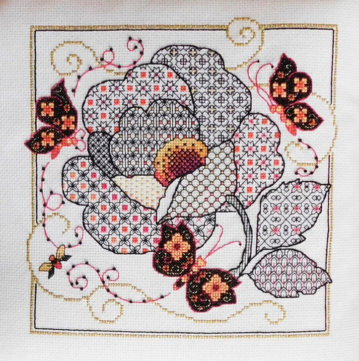 Blackwork Flower and Butterflies Pattern - Stitched Modern