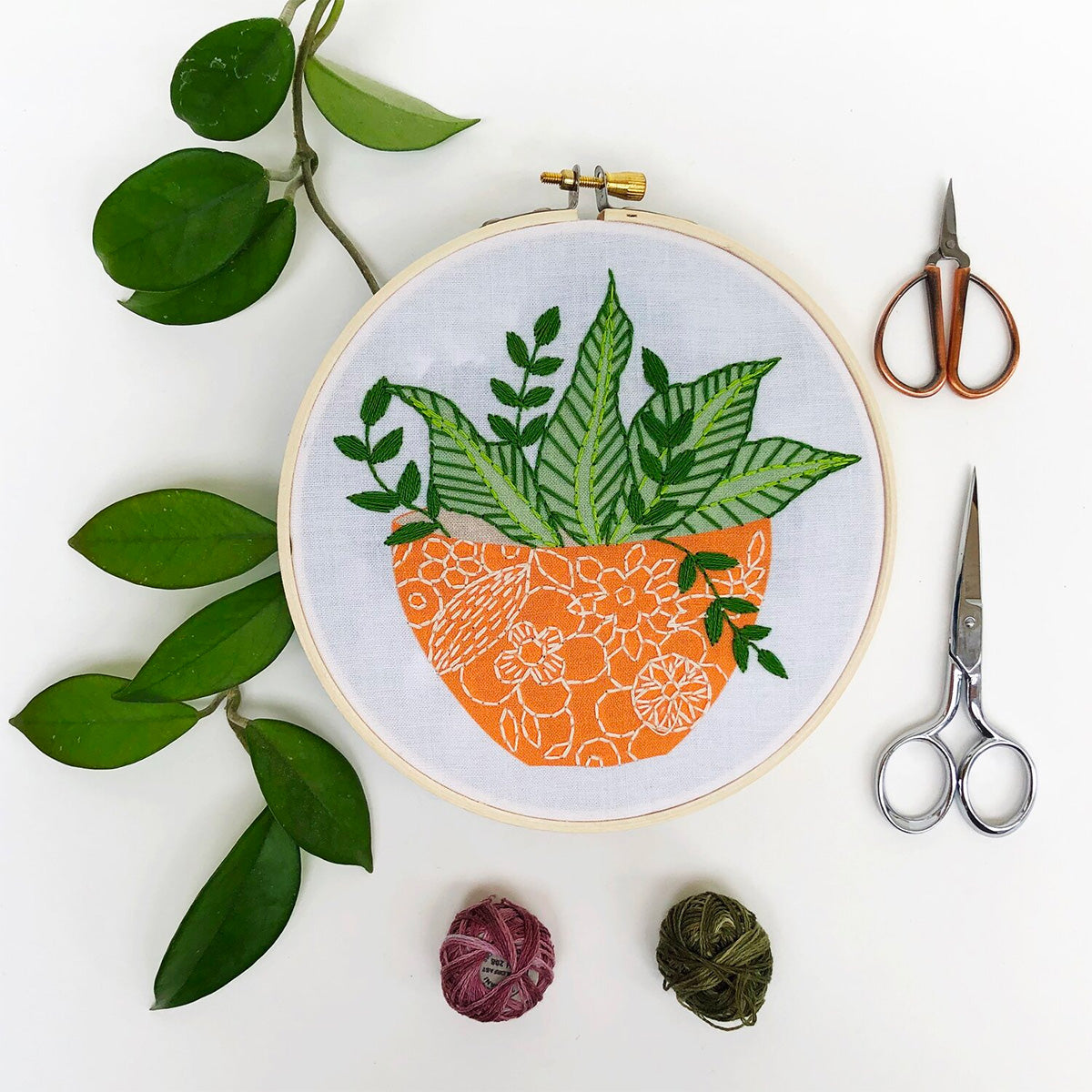 Orange Flower Pot Hand Embroidery Kit - Stitched Modern